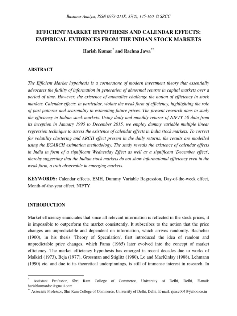 Kumar (2017) Efficient Market Hypothesis and Calendar Effects | PDF ... Kumar (2017) Efficient Market Hypothesis and Calendar Effects | PDF ...