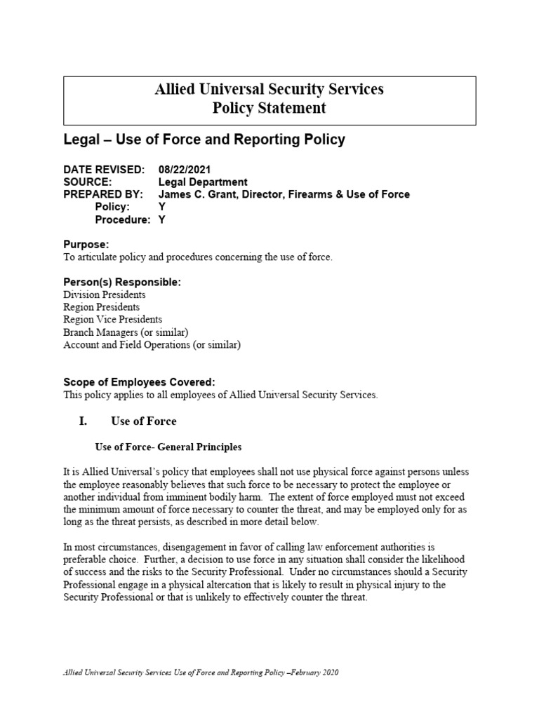 Allied Universal Use of Force Policy | PDF | Arrest | Deadly Force