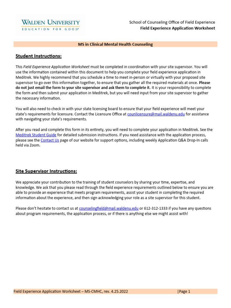 Field Experience Application Worksheet - MS-CMHC | PDF | Mental ...
