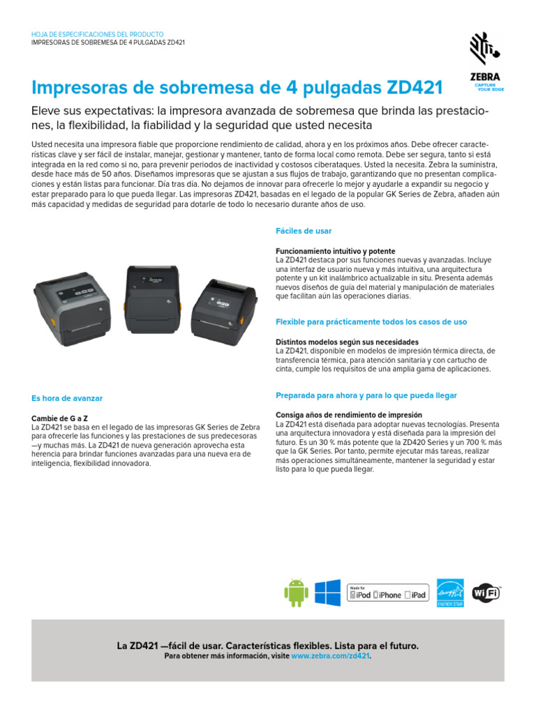 zd421 Spec Sheet Es Es | PDF | Impresora (Computación) | Bluetooth