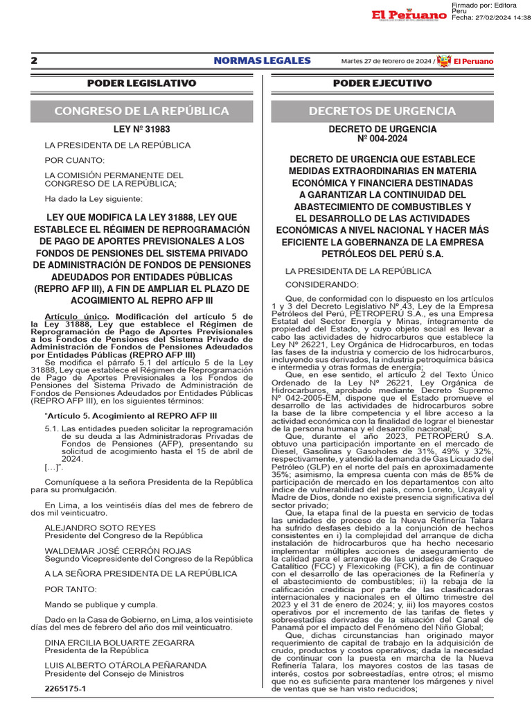 Congreso de La República Decretos de Urgencia: Normas Legales | PDF | Pensión | Perú