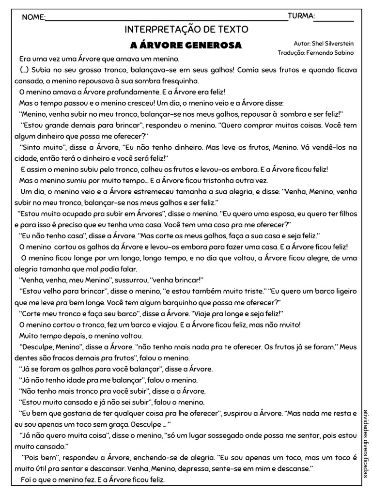 Interpretação de Texto A Árvore Generosa | PDF | Árvores