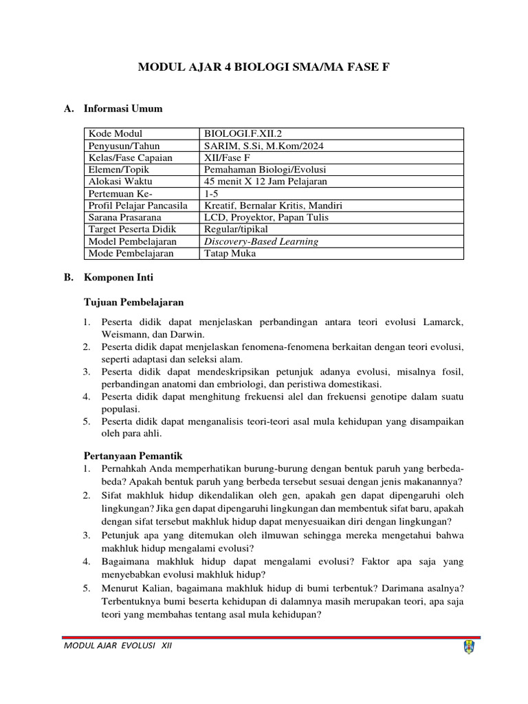 Modul Ajar Evolusi Biologi Kelas XII | PDF | Karier & Perkembangan ...