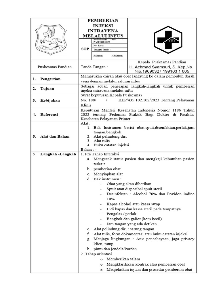 SOP Pemberian Injeksi Intravenosa Infus | PDF | Pengembangan Diri