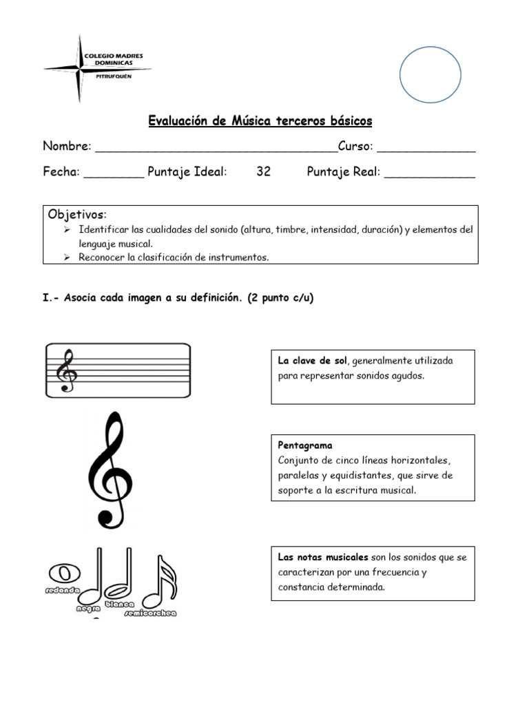 Evaluación de Música Terceros Básicos | PDF | Sonido | Instrumentos de ...