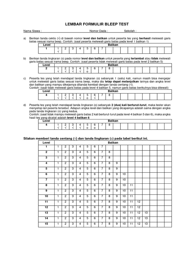 Formulir Beep Test | PDF | Metode & Bahan Ajar