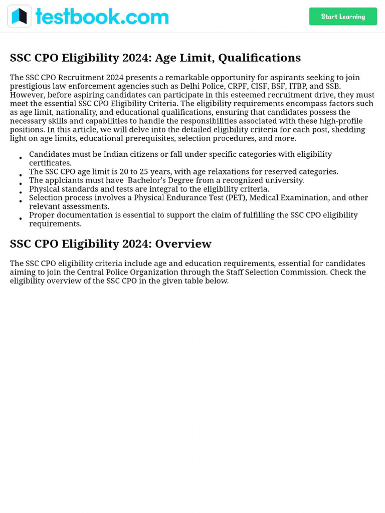 SSC CPO Eligibility 2024 - Age Limit, Qualifications | PDF