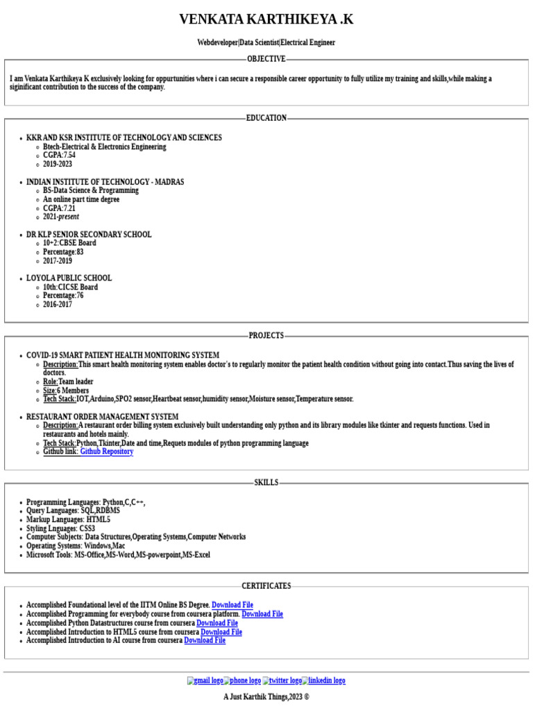 Venkata Karthikeya: Web Developer & Data Scientist Profile | PDF | Information Technology ...