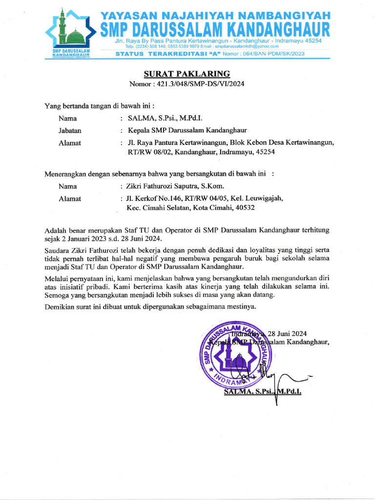 Surat Paklaring TU | PDF