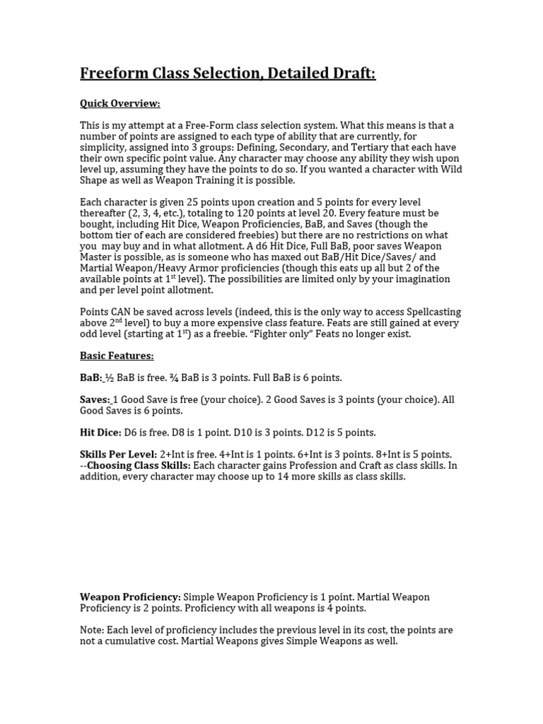 Freeform Class Selection Draft Pdf Dungeons And Dragons D20 System 6675