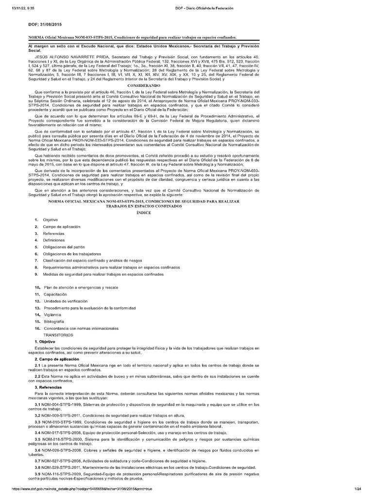 NORMA Oficial Mexicana NOM-033-STPS-2015, Condiciones de seguridad para realizar trabajos en ...