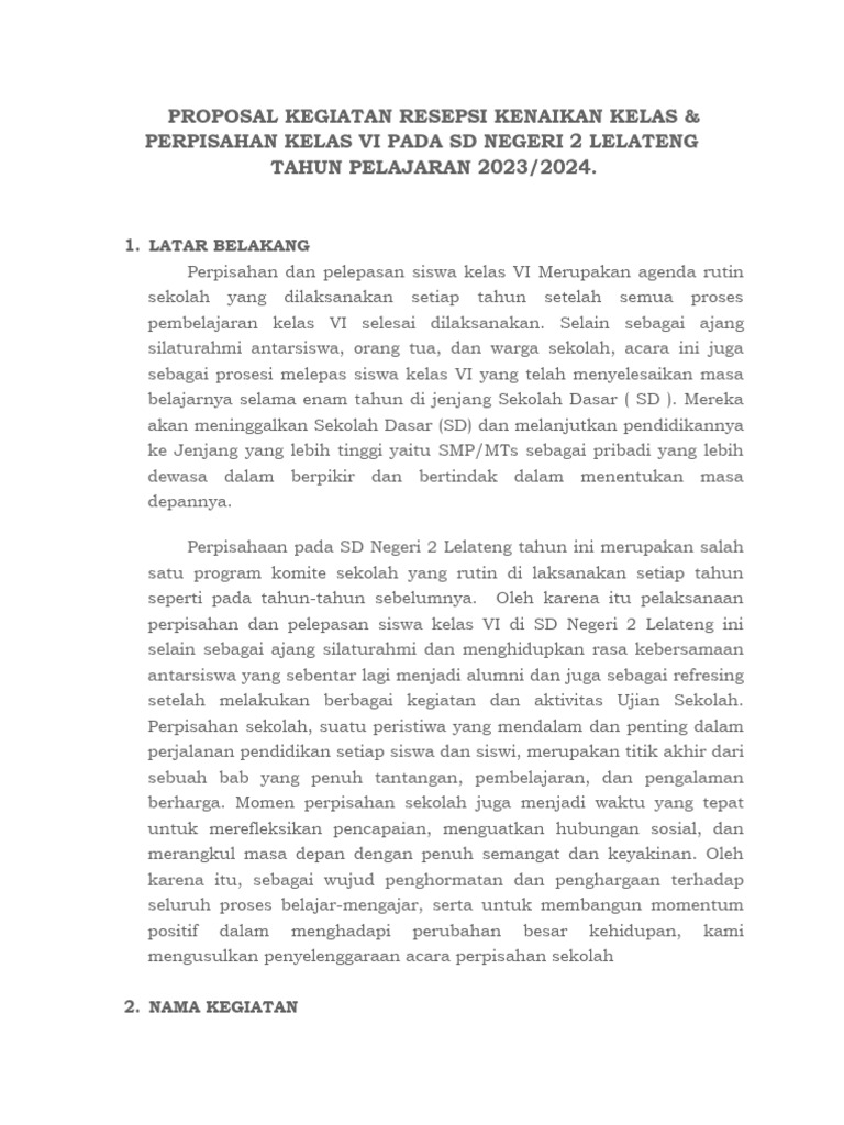 Proposal Kegiatan Resepsi Kenaikan Kelas Dan Perpisahan Kelas Vi | PDF
