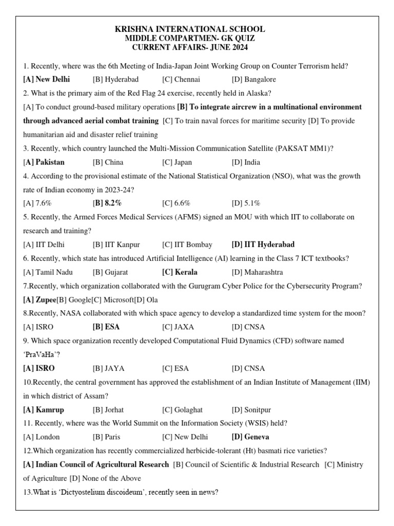 GK Quiz: Current Affairs June 2024 | PDF | Science & Mathematics