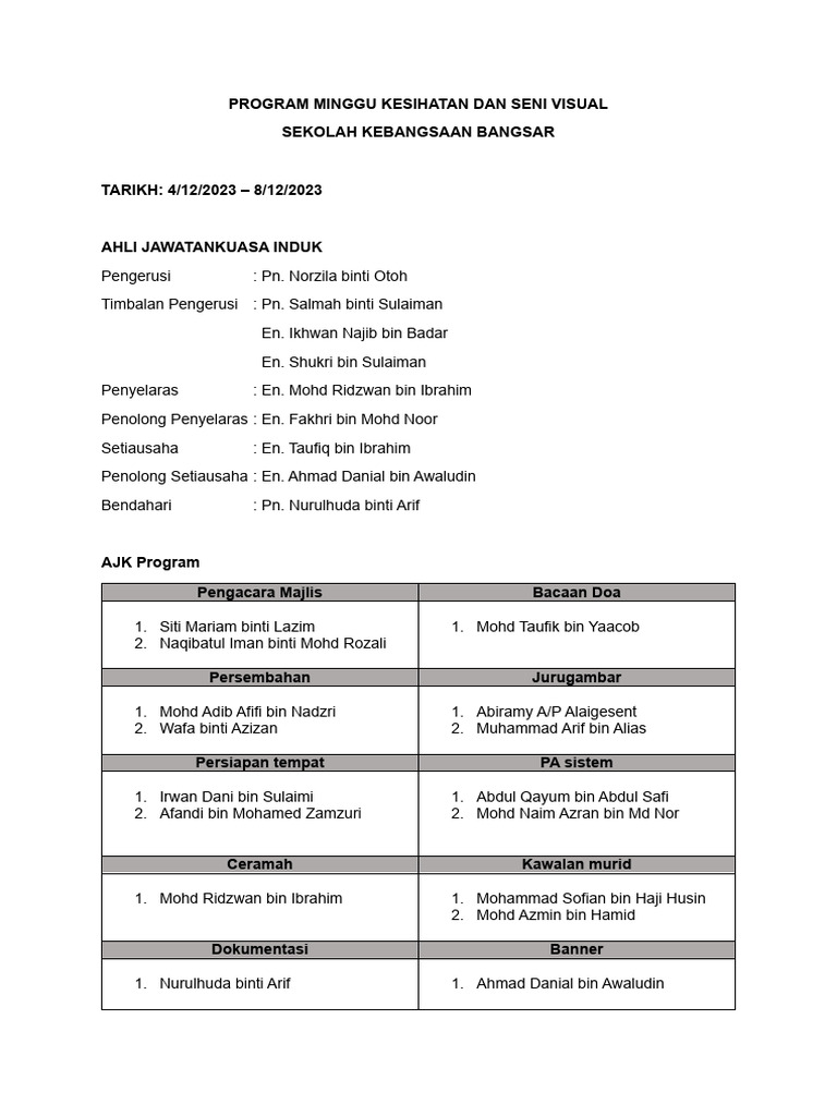 Program Minggu Kesihatan Dan Seni Visual (Ajk & Tentatif) | PDF