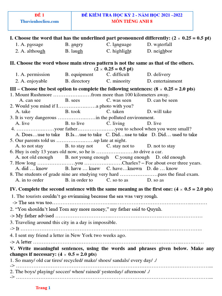 Bo de Thi hk2 Tieng Anh 8 Nam 2021 2022 Co Dap An 17981 | PDF | Home ...