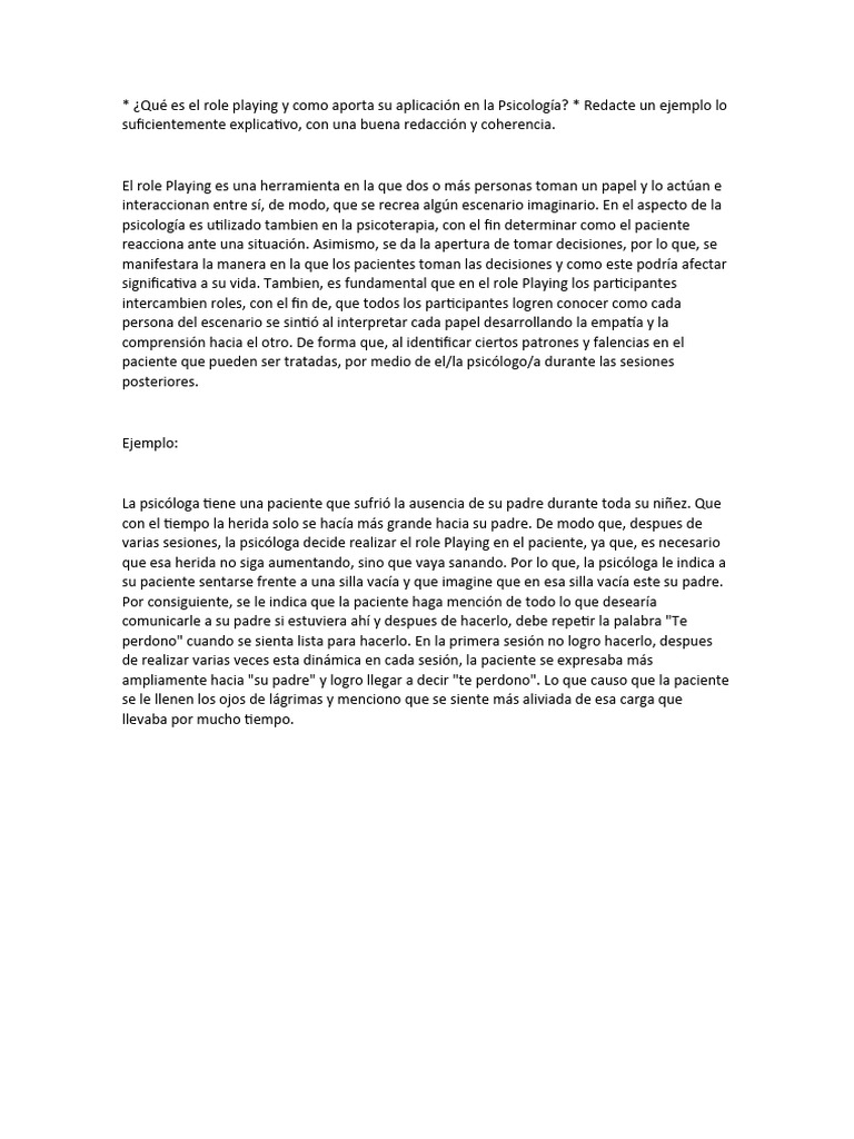 Qué es el role playing y como aporta su aplicación en la Psicología | PDF