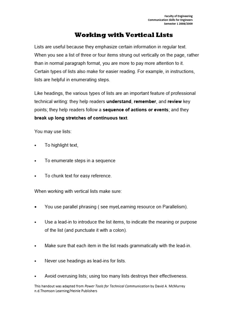 Working With Vertical Lists | PDF | Communication | Written Communication