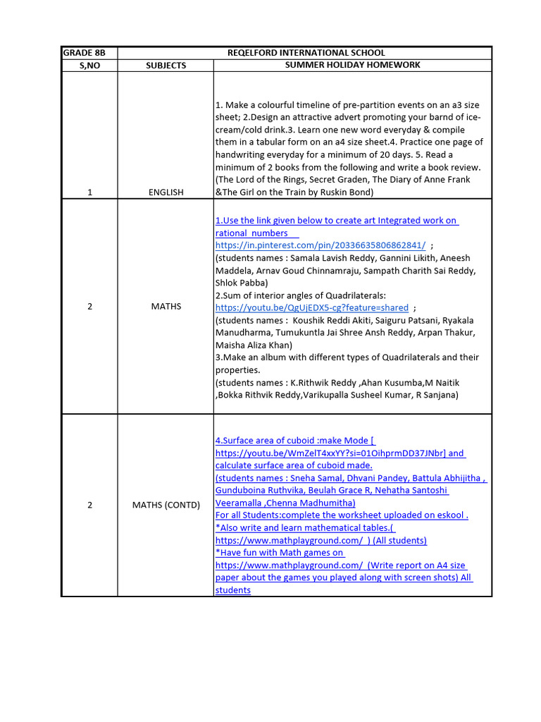 Grade 8B S, No Subjects Summer Holiday Homework Reqelford International ...