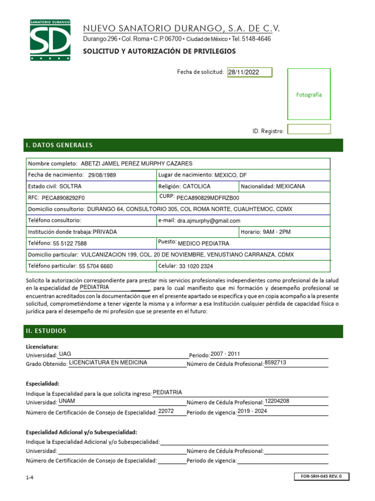 Solicitud Sanatorio Durango | PDF | Cuidado de la salud | Medicina