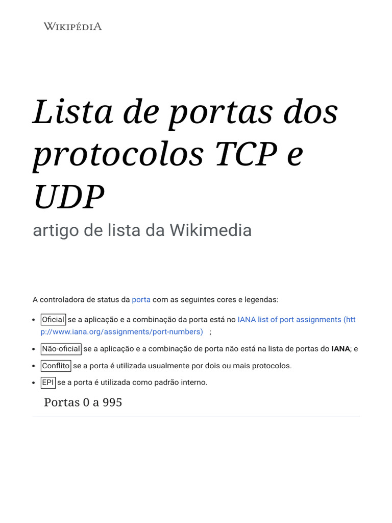 Lista de Portas Dos Protocolos TCP e UDP - Wikipédia, A Enciclopédia Livre | PDF | Protocolo de ...