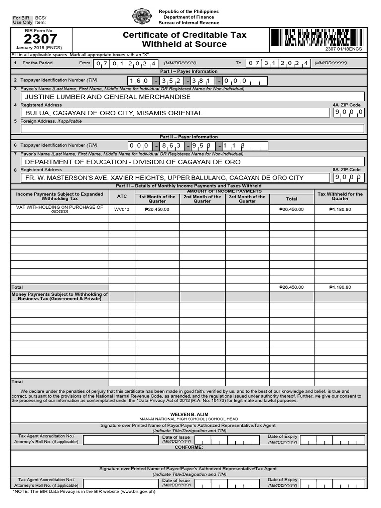 Bir 2307 | PDF | Value Added Tax | Taxes