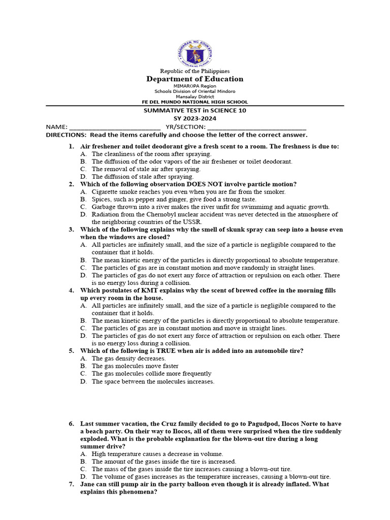 Summative in Science 10 | PDF | Gases | Temperature