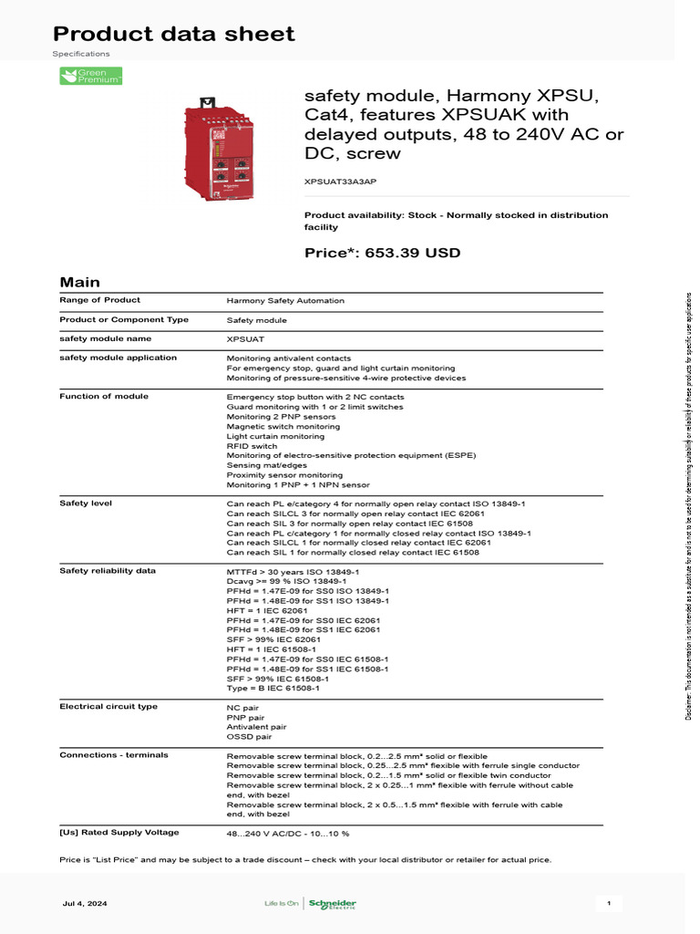 Schneider Electric - Harmony-XPS-Safety-Modules - XPSUAT33A3AP | PDF ...