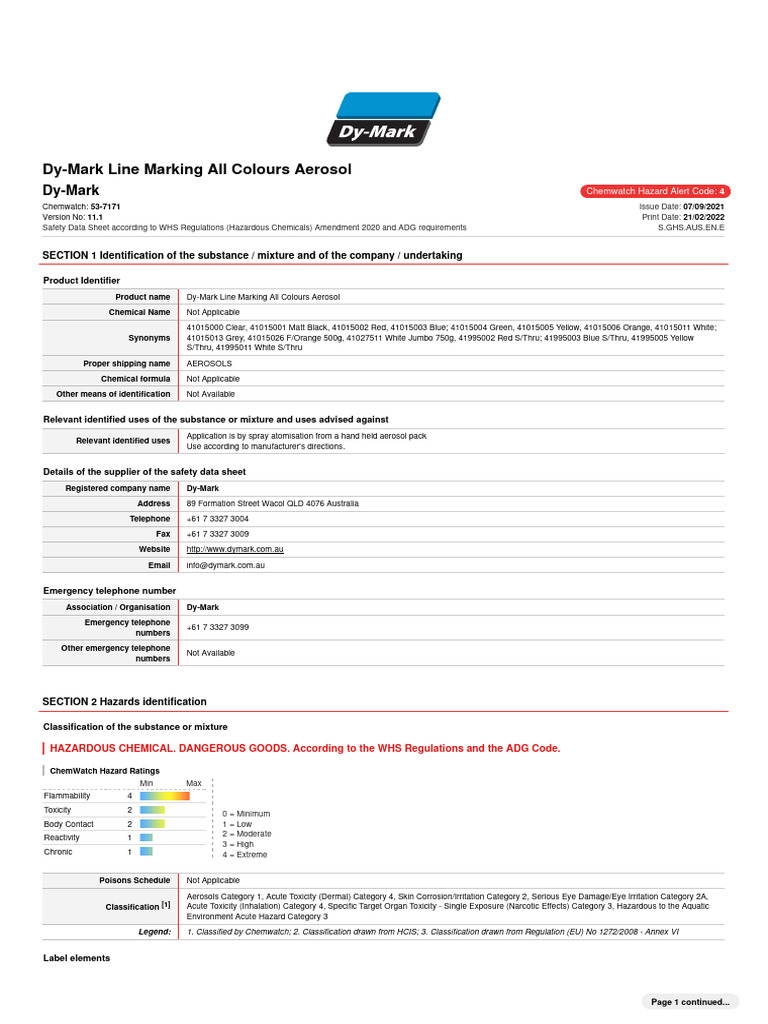 Line Marking All Colours Aerosol GHS7 2021-09-07.tag - Msds | PDF