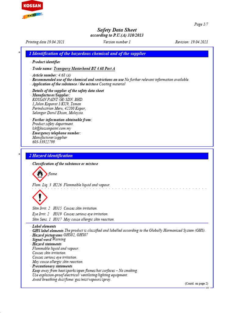 (4.68 A) Transpoxy Masterbond BT - 1628765320 - Part A | PDF | Safety | Occupational Safety And ...