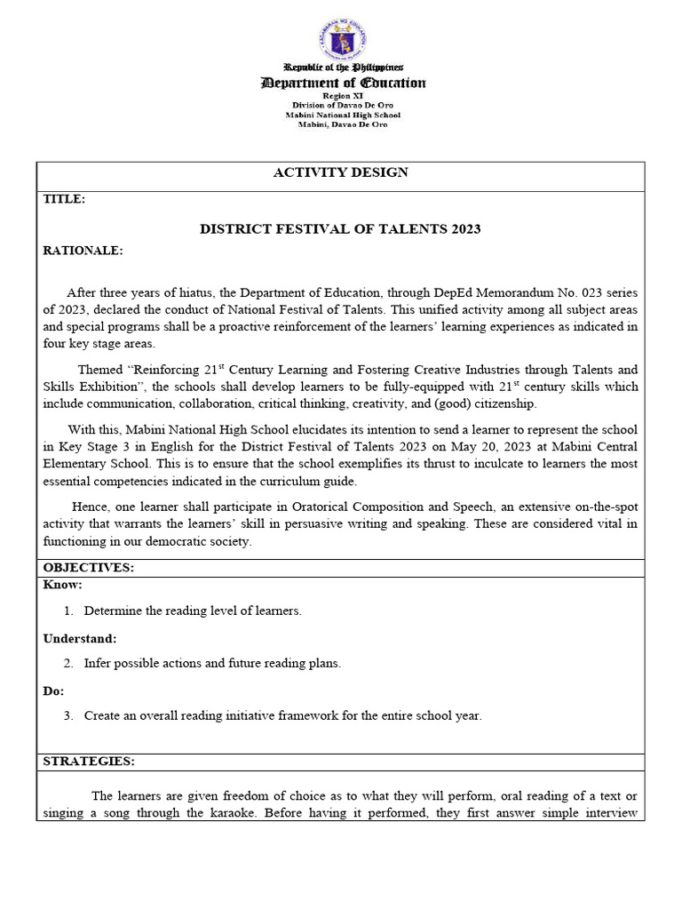 District Festival of Talents 2023 Activities | PDF | Learning ...