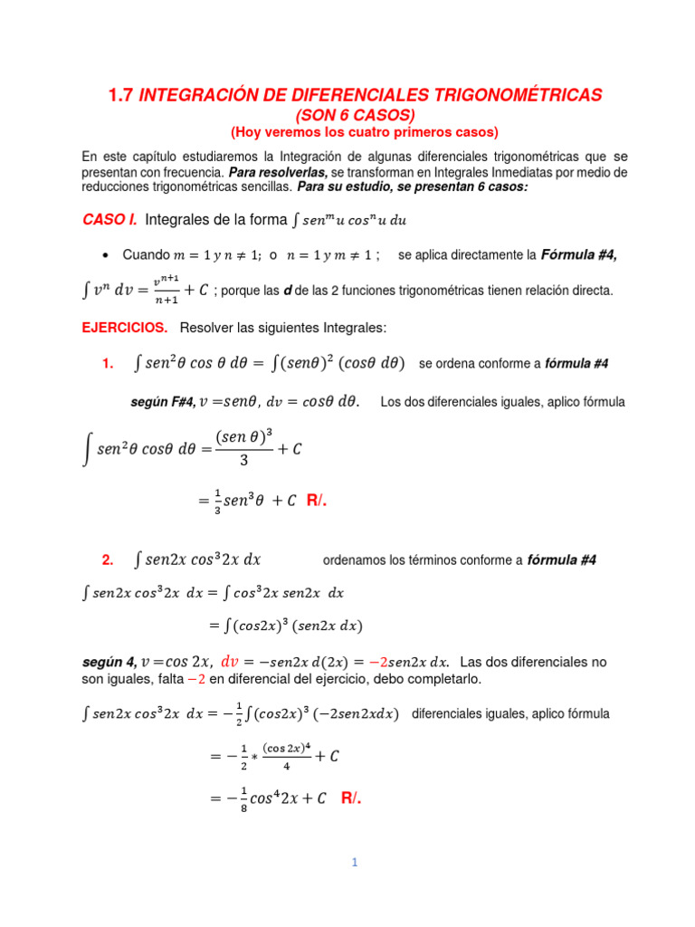 1.7 Integ. de Dif. Trigonom. (4 Primeros Casos) | PDF | Integral ...