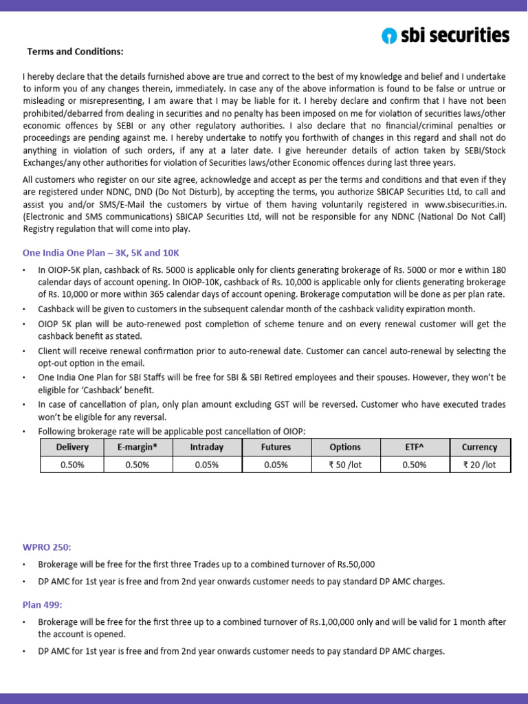 SBICAP Securities Terms & Plans Overview | PDF | Debit Card | Banks