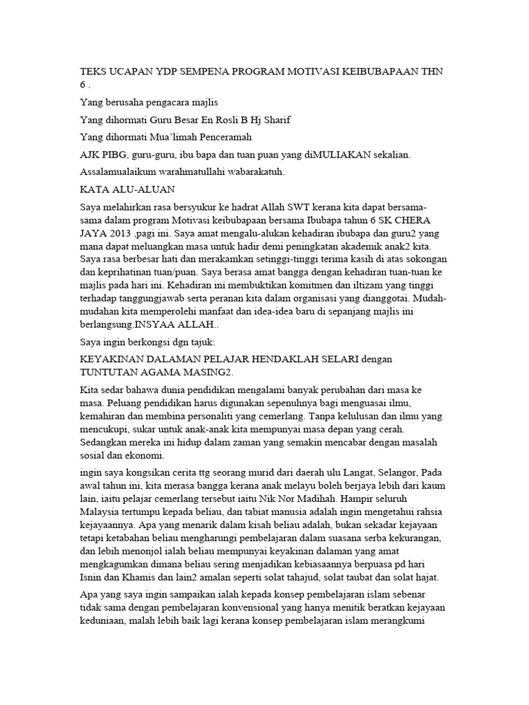 Contoh Teks Ucapan Ydp Sempena Program Motivasi Keibubapa | PDF