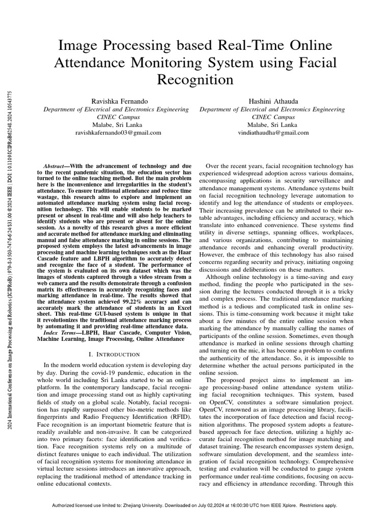 Image Processing Based Real-Time Online Attendance Monitoring System Using Facia | PDF | Machine ...