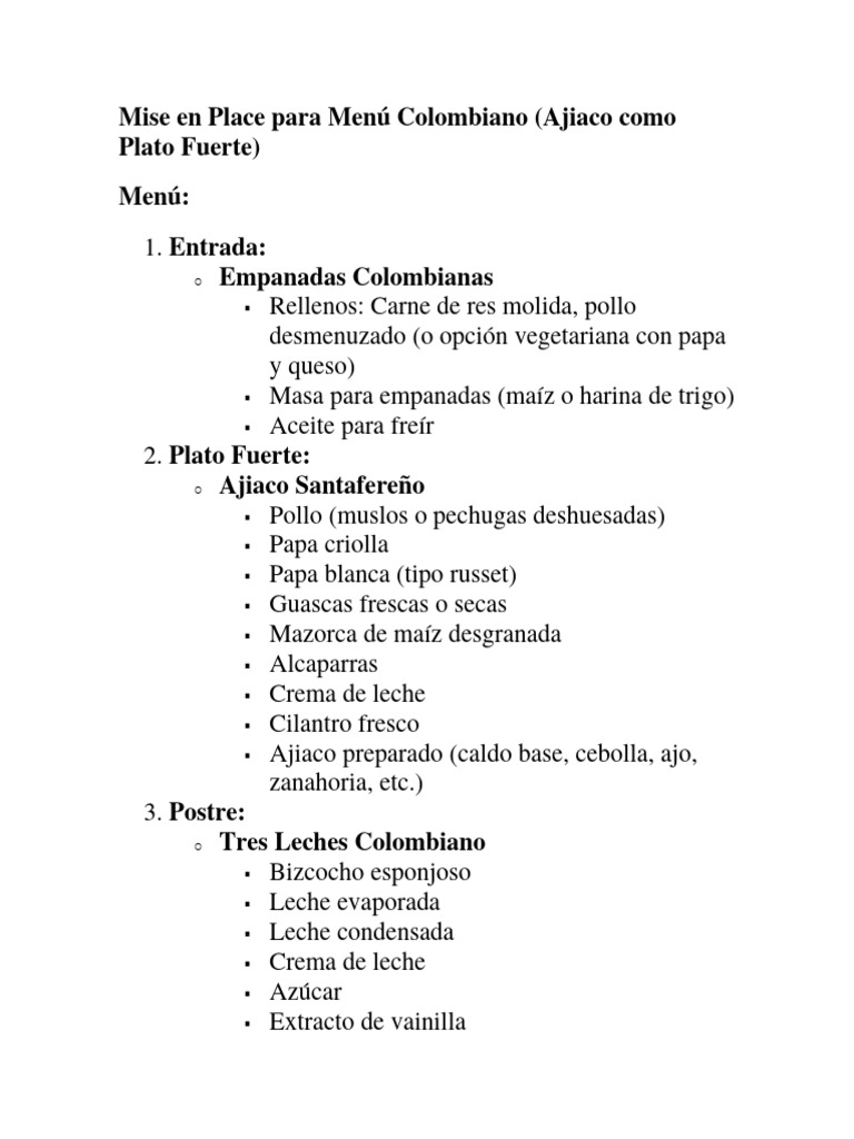Mise en Place Menú Colombiano Completo | PDF | Postres | Alimentos