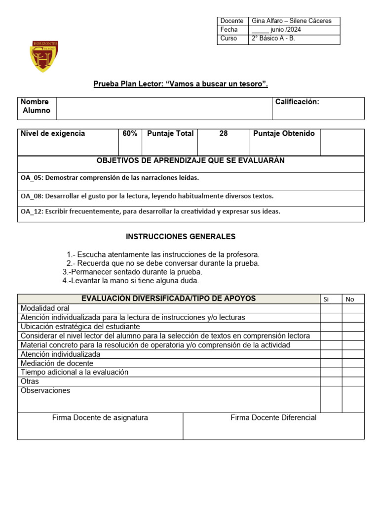 PRUEBA PLAN LECTOR Junio | PDF