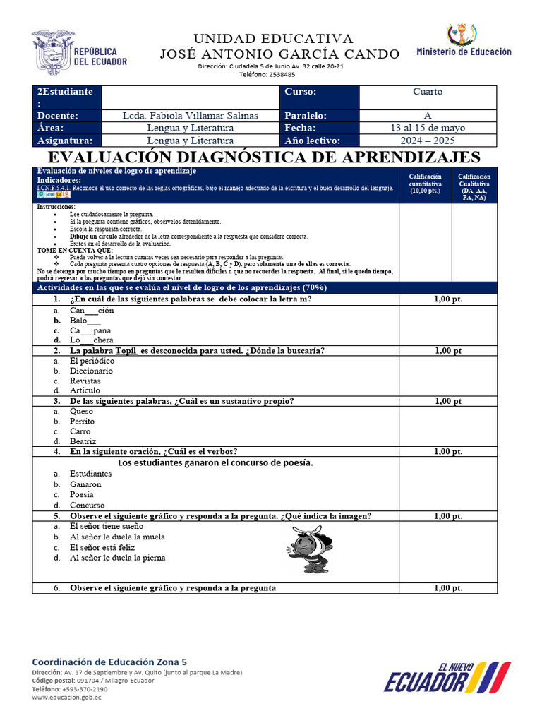 Eval Diagnóstica de Aprendizajes Escuela | PDF | Cognición | Comunicación humana