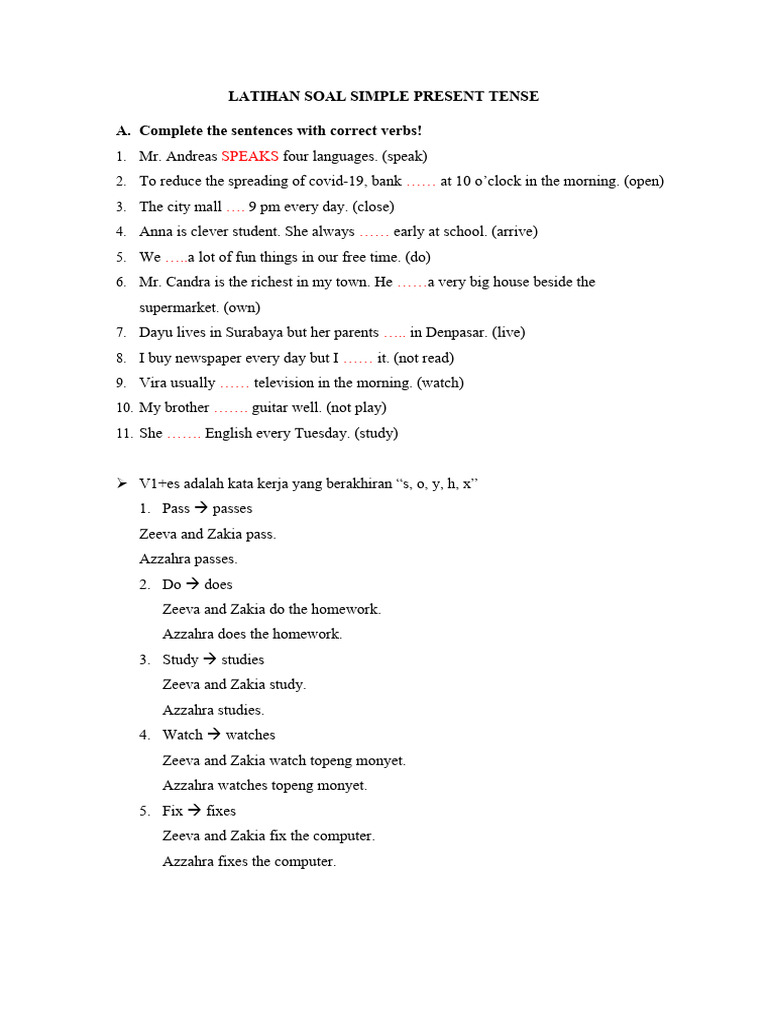 Latihan Soal Simple Present Tense (Les Inggris) | PDF | Linguistics