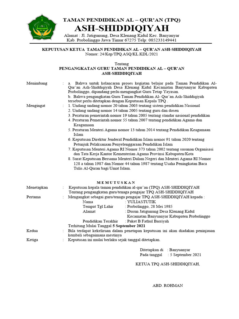 SK PENGANGKATAN GURU TPQ Full | PDF