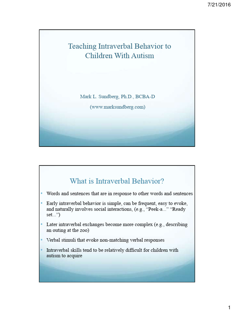 Teaching Intraverbal To Children With Autism | PDF | Behavioural ...