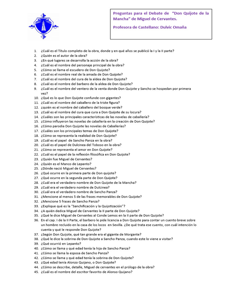 Preguntas Debate Don Quijote Completo | PDF | Don Quijote | Miguel De ...