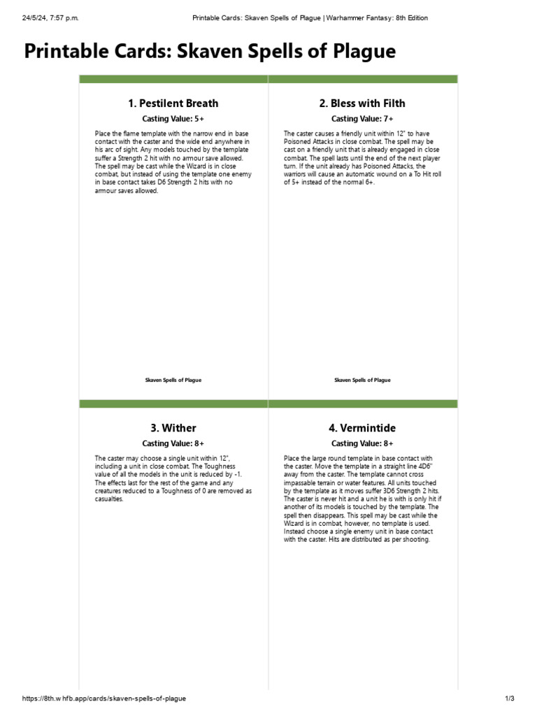 Cards - Skaven Spells of Plague - Warhammer Fantasy - 8th Edition | PDF ...