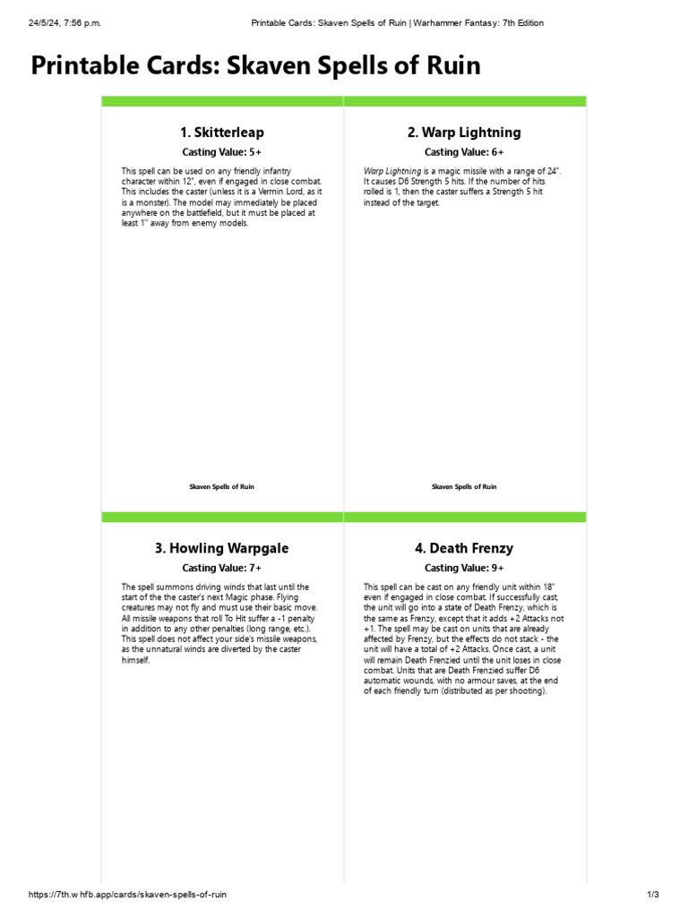 Cards - Skaven Spells of Ruin - Warhammer Fantasy - 8th Edition | PDF