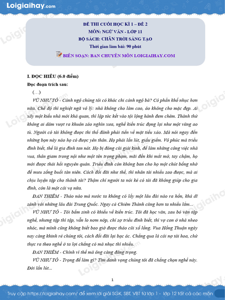 De Thi Hoc Ki 1 Van 11 Chan Troi Sang Tao de So 2 1701422872 | PDF