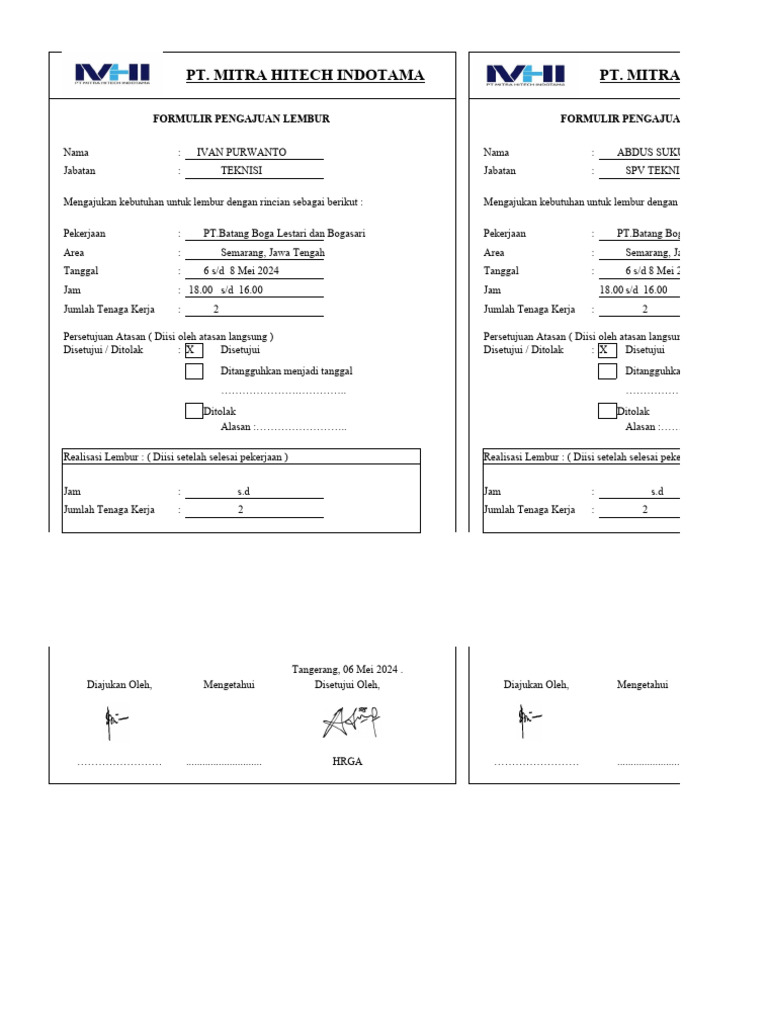 Pengajuan Lembur Karyawan Mhi | PDF