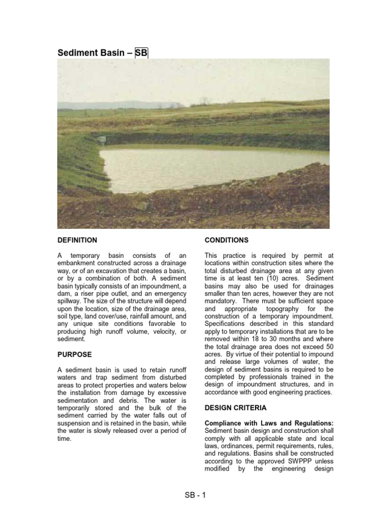 Sediment Basin - SB: Conditions | PDF | Spillway | Dam
