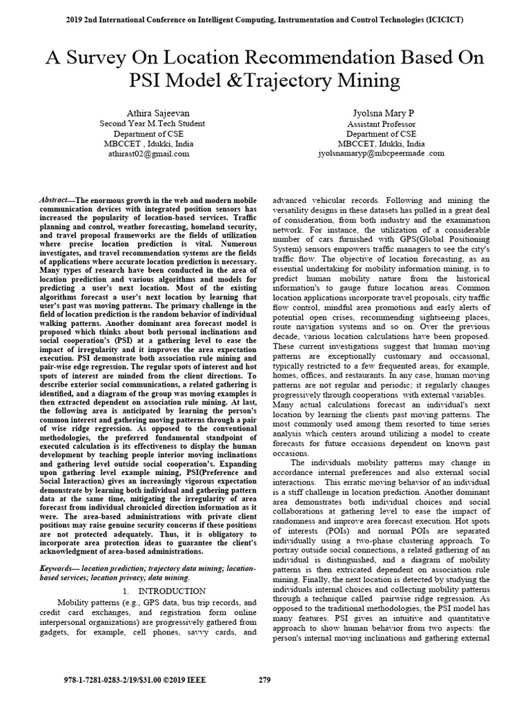 A Survey On Location Recommendation Based On PSI Model &trajectory Mining | PDF | Information | Data
