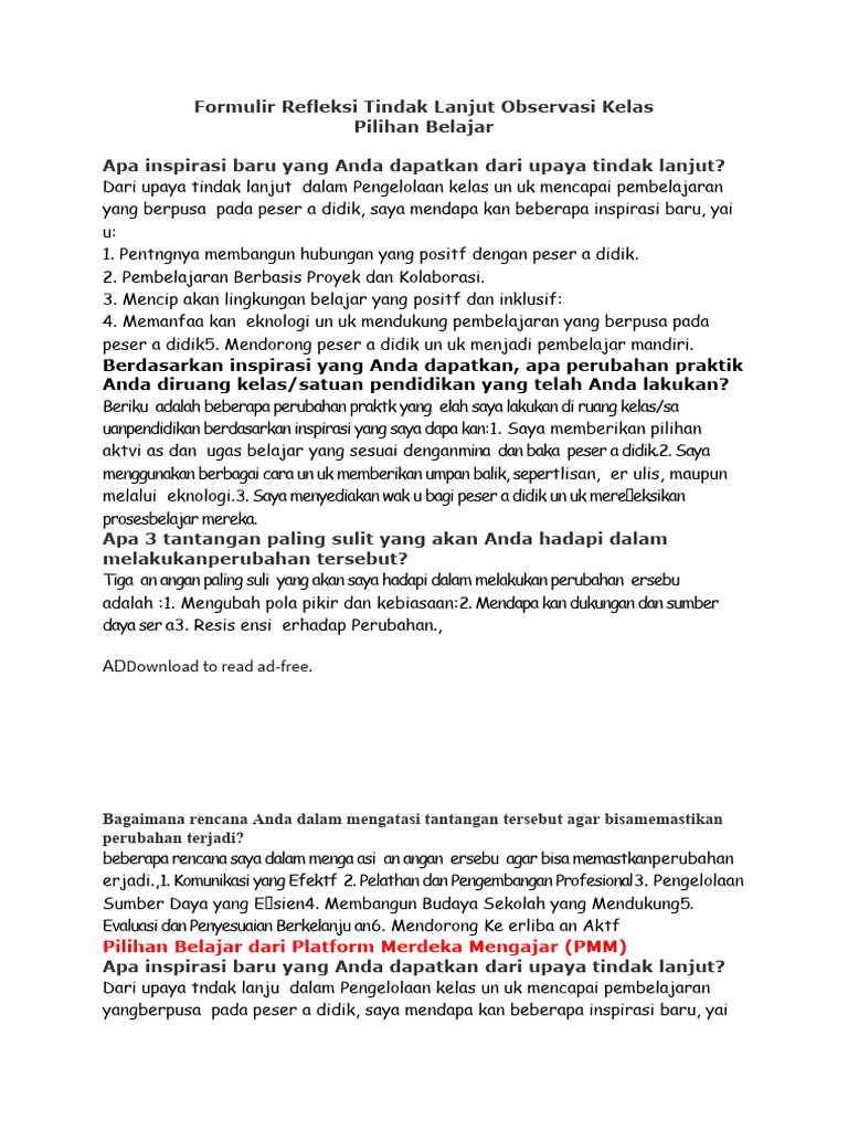 Formulir Refleksi Tindak Lanjut Observasi Kelas | PDF