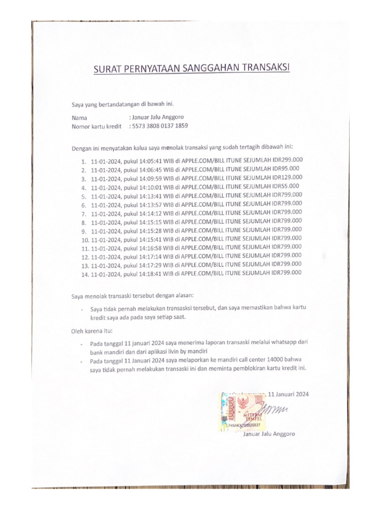 Surat Pernyataan Sanggahan Transaksi | PDF