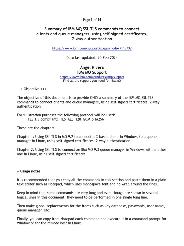 Summary of IBM MQ SSL TLS Commands For 2-Way Self-Signed Certificates ... Summary of IBM MQ SSL TLS Commands For 2-Way Self-Signed Certificates ...
